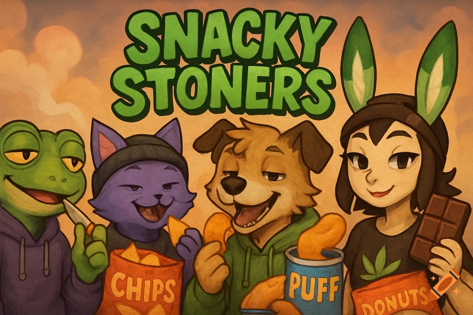 Four cartoon anthropomorphic characters, a frog, cat, dog, and person ...