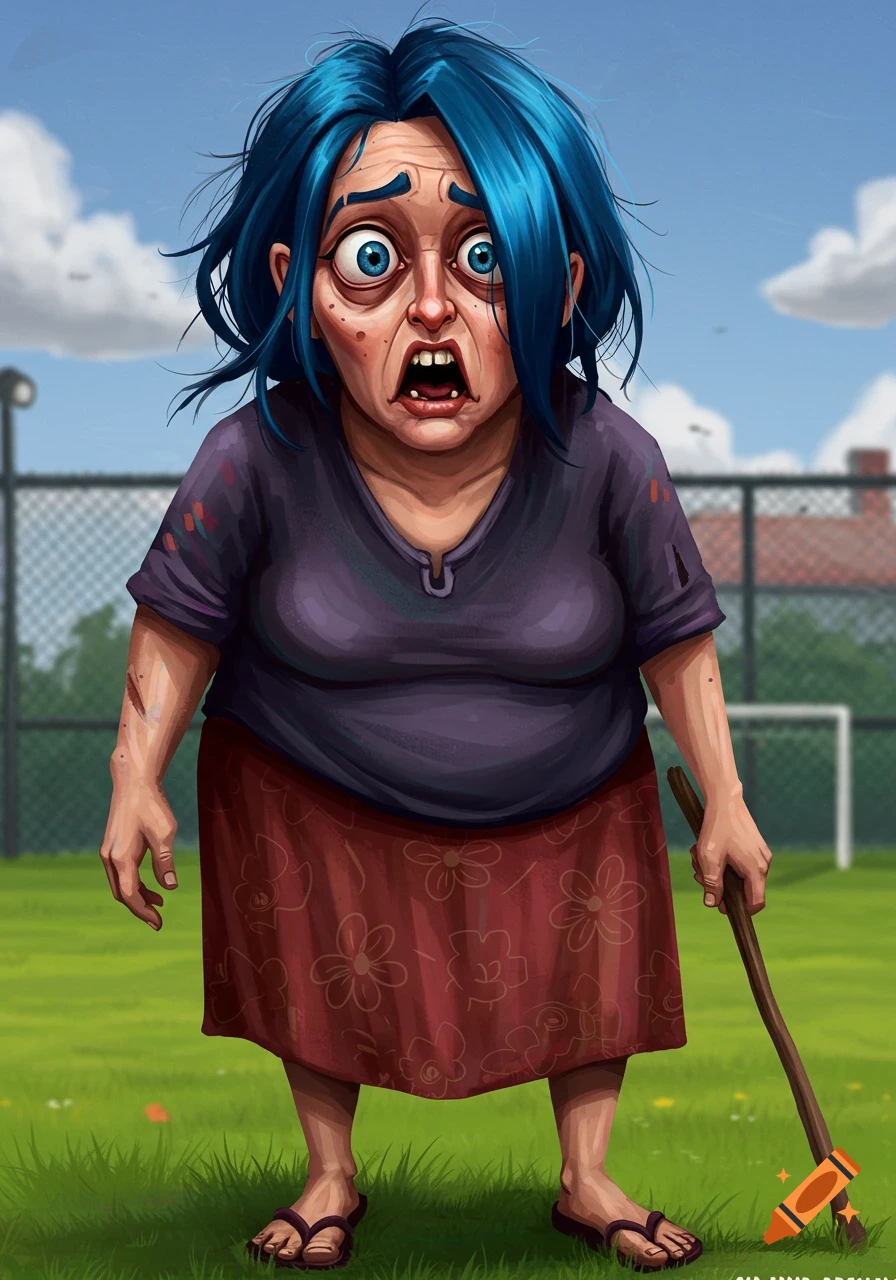 Cartoon illustration of a startled woman with blue hair and wide eyes ...