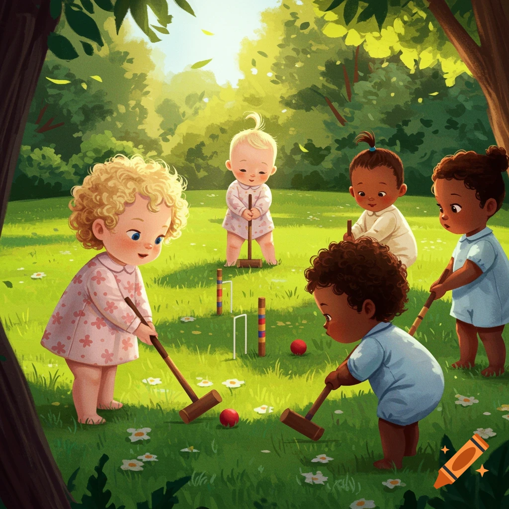 Illustrated image of five diverse babies playing croquet on a sunny ...