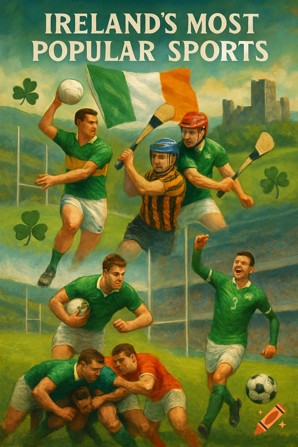 An illustrated poster titled 'Ireland's Most Popular Sports' depicts a ...