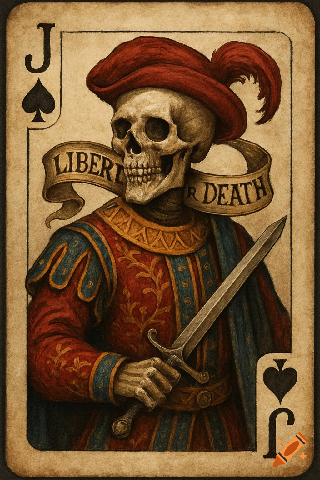 A vintage-style Jack of Spades playing card features a skull in a red ...