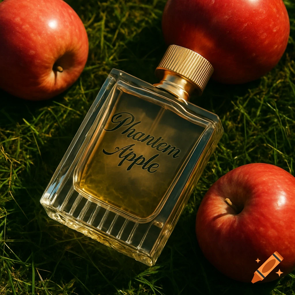 A luxury perfume bottle with "Phantom Apple" on it, lying on green ...
