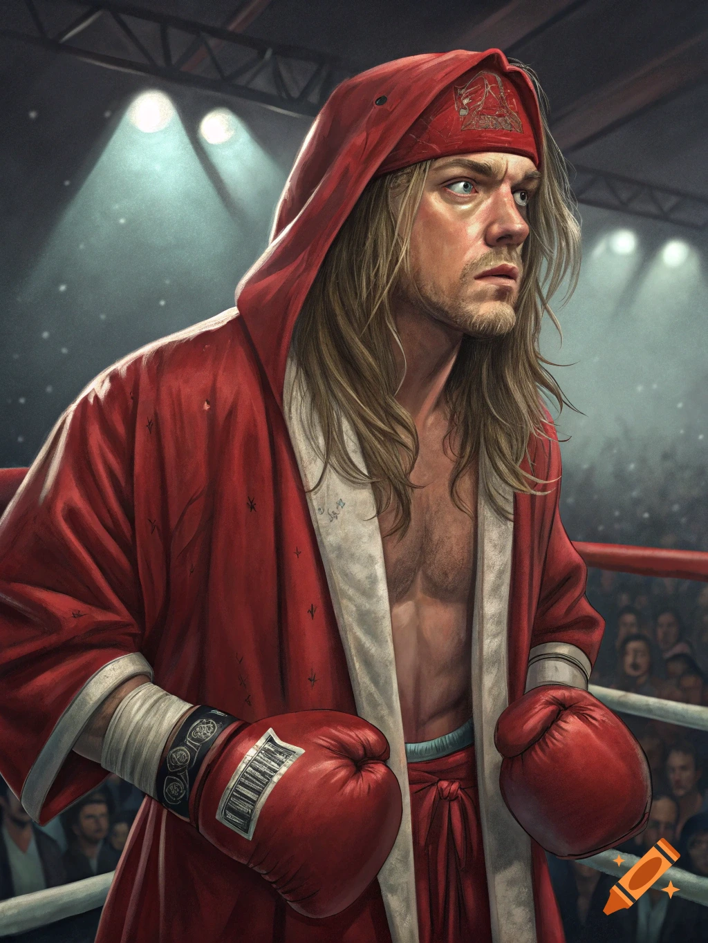 Photorealistic portrait of a man resembling Axl Rose in a red boxing ...