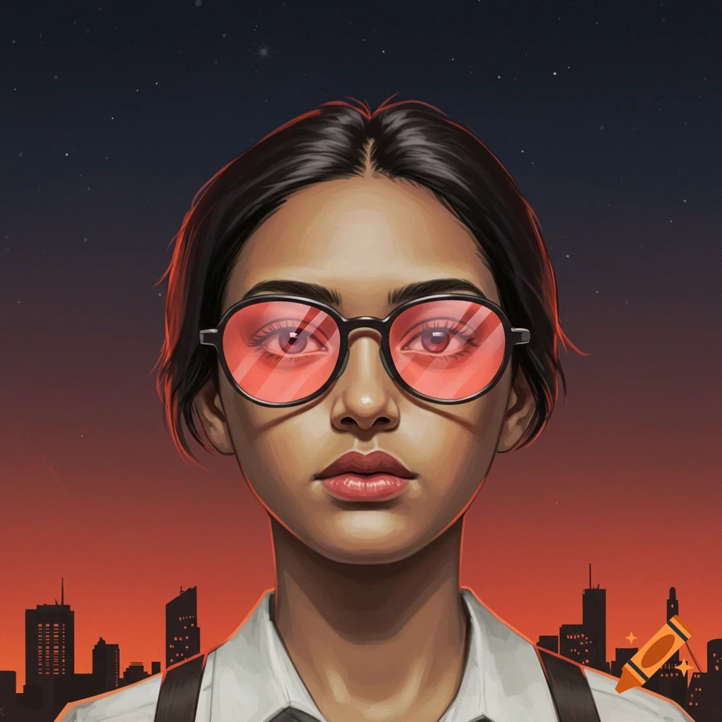 An illustrated portrait of a person with dark hair and red-tinted glasses against a cityscape ...