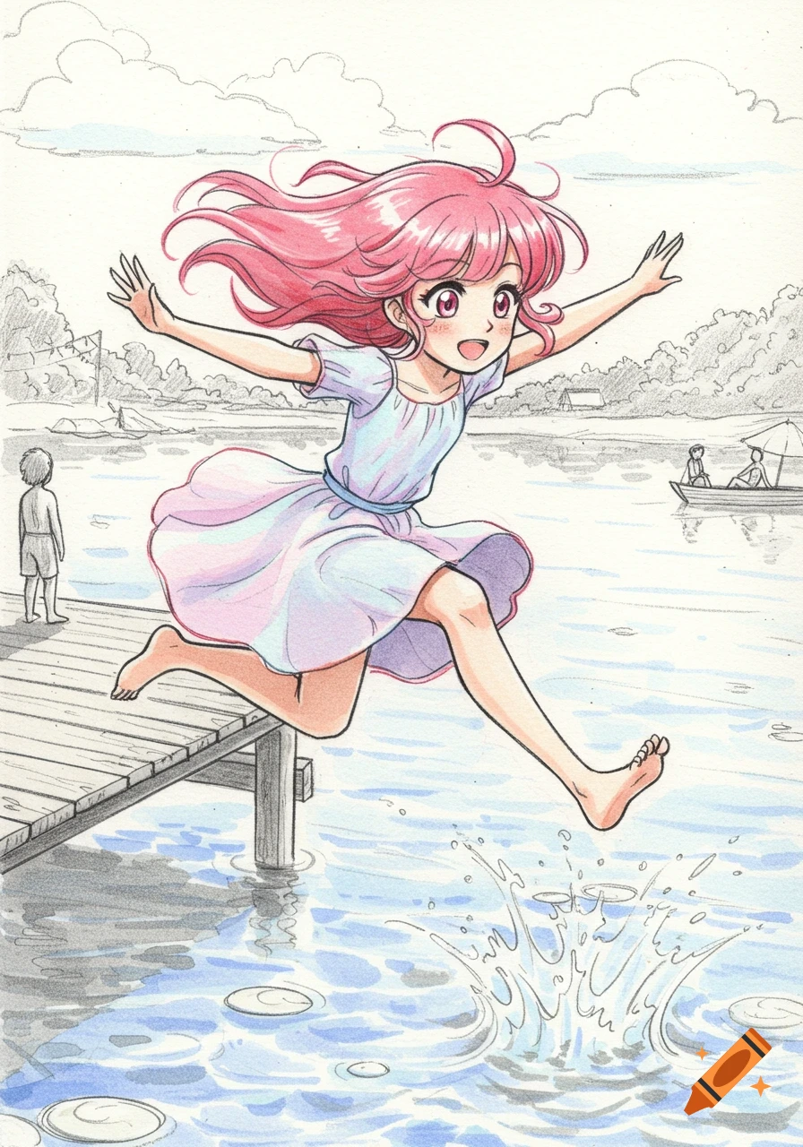 A happy anime girl with pink hair jumps off a wooden pier into a lake ...