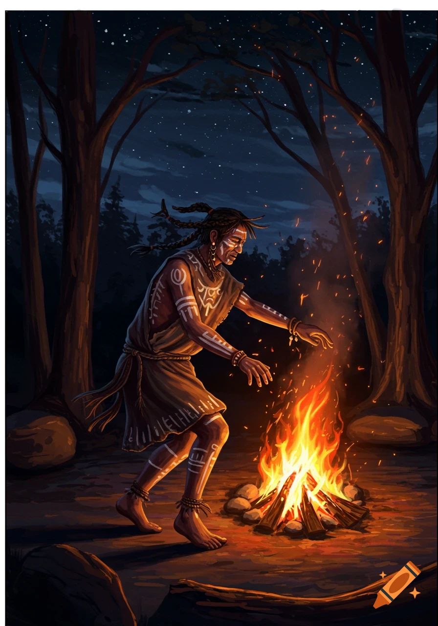An illustration of a shaman with body paint dancing around a vibrant ...
