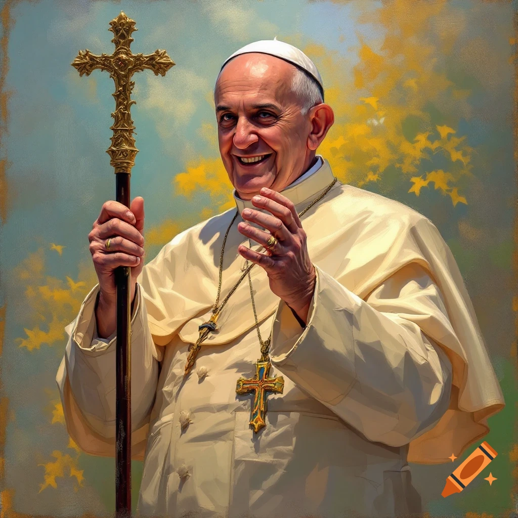 A smiling Pope Francis, wearing white robes and a zucchetto, holds a ...