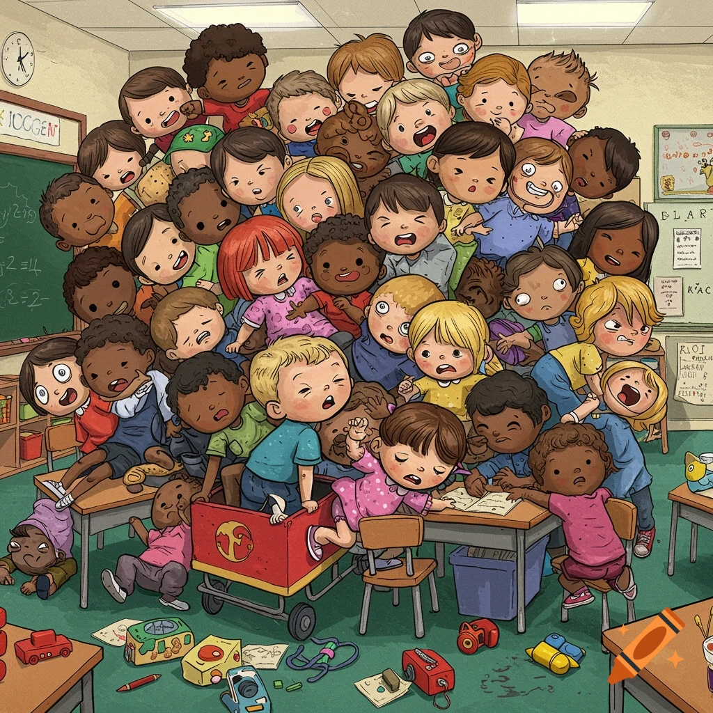 A crowded kindergarten classroom filled with many cartoonish children ...