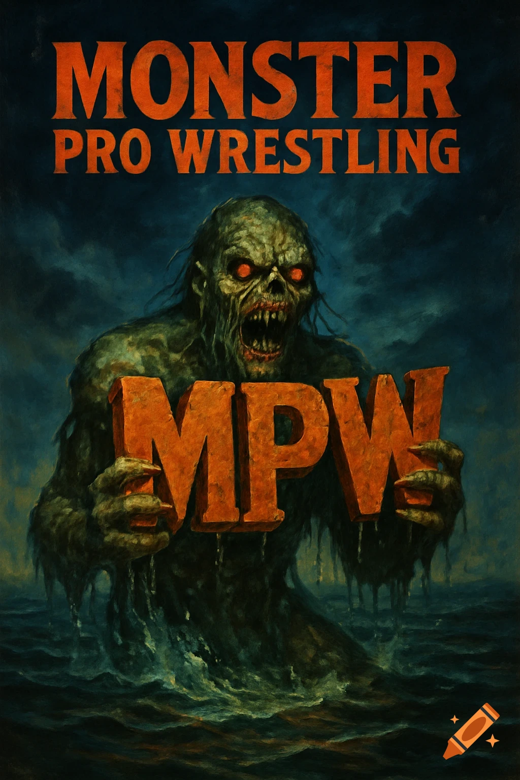 A grotesque, green monster with red eyes emerges from stormy water ...