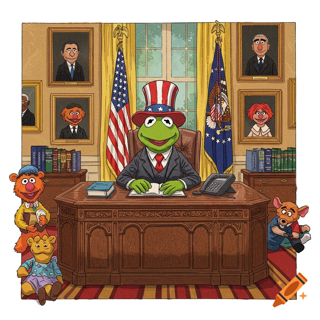 Kermit the Frog, dressed as president in a suit and patriotic hat, sits ...