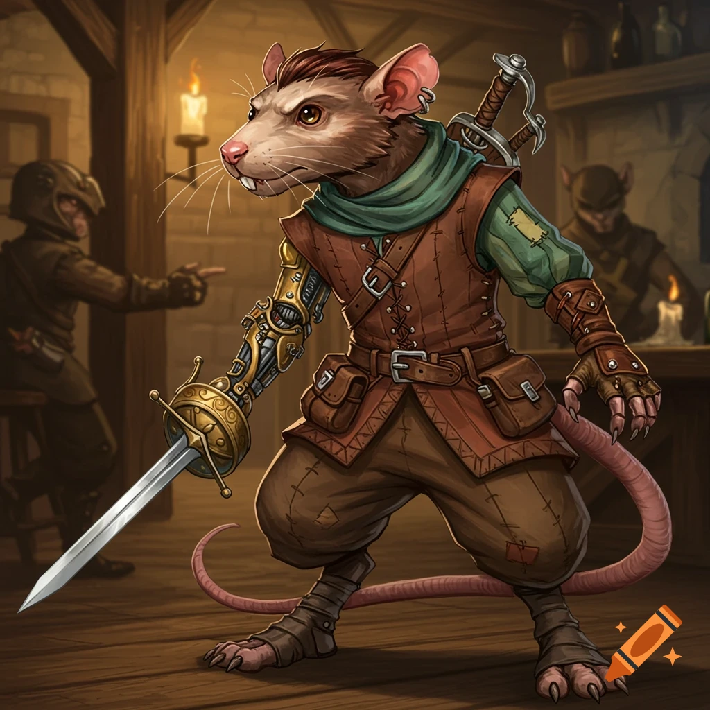 An anthropomorphic ratfolk character with a mechanical arm and rapier ...