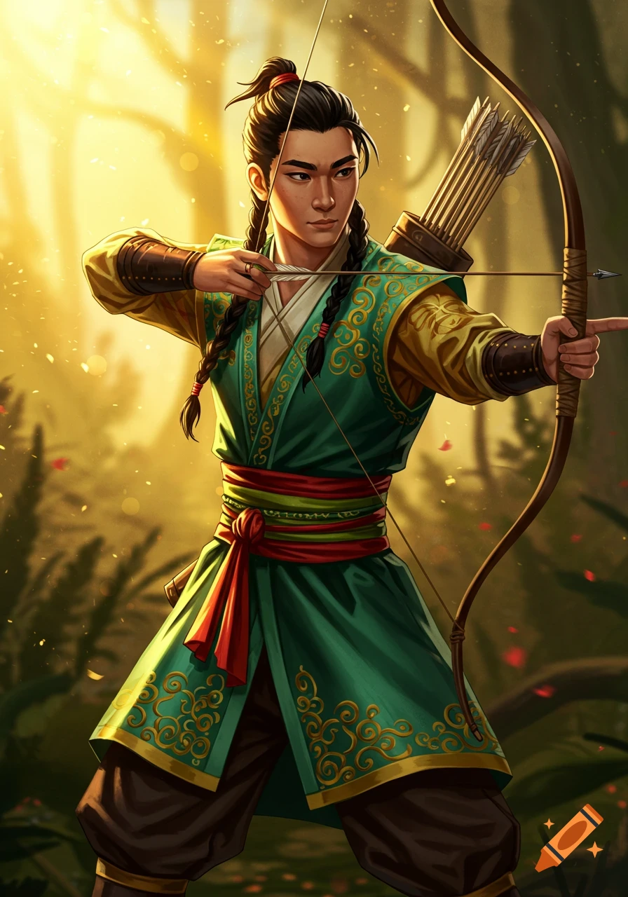 An illustrated male archer in traditional attire draws a bow, bathed in ...