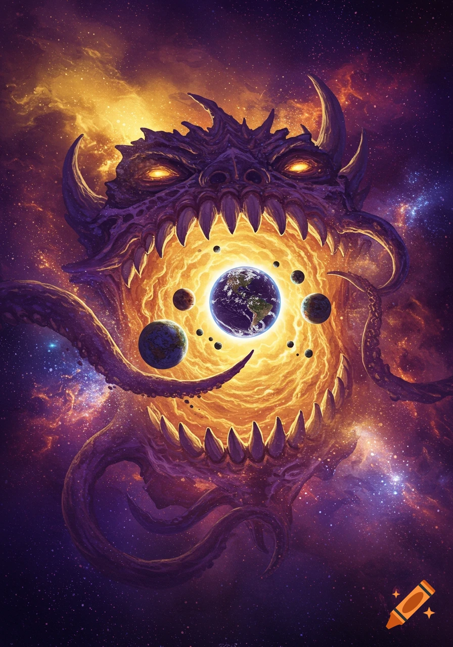 A cosmic monster with glowing eyes and sharp teeth consumes planets ...