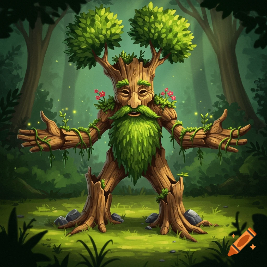 A friendly-looking tree man with a leafy beard and branches for arms ...
