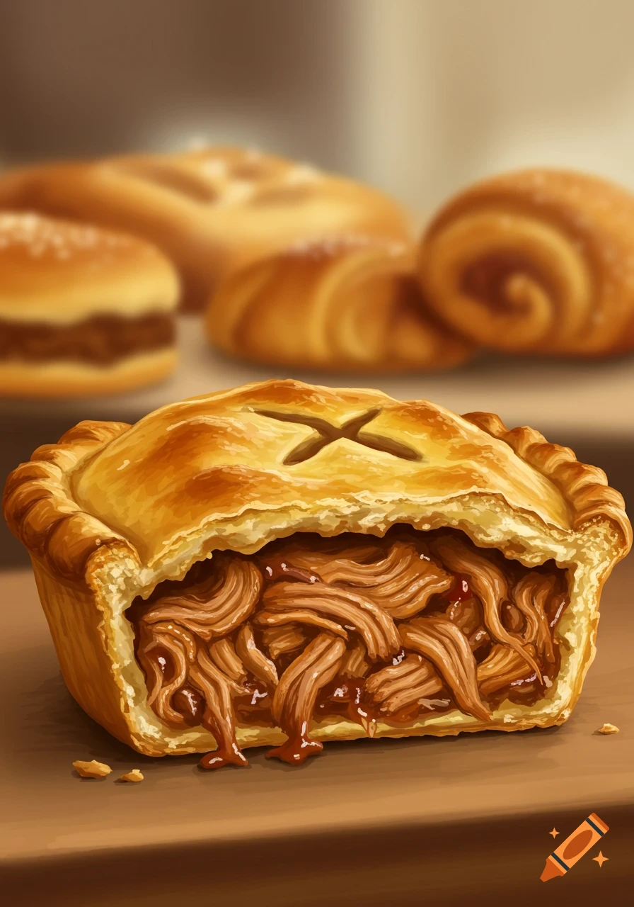 A drawing of a golden-brown pulled pork pie, cut open to reveal the ...
