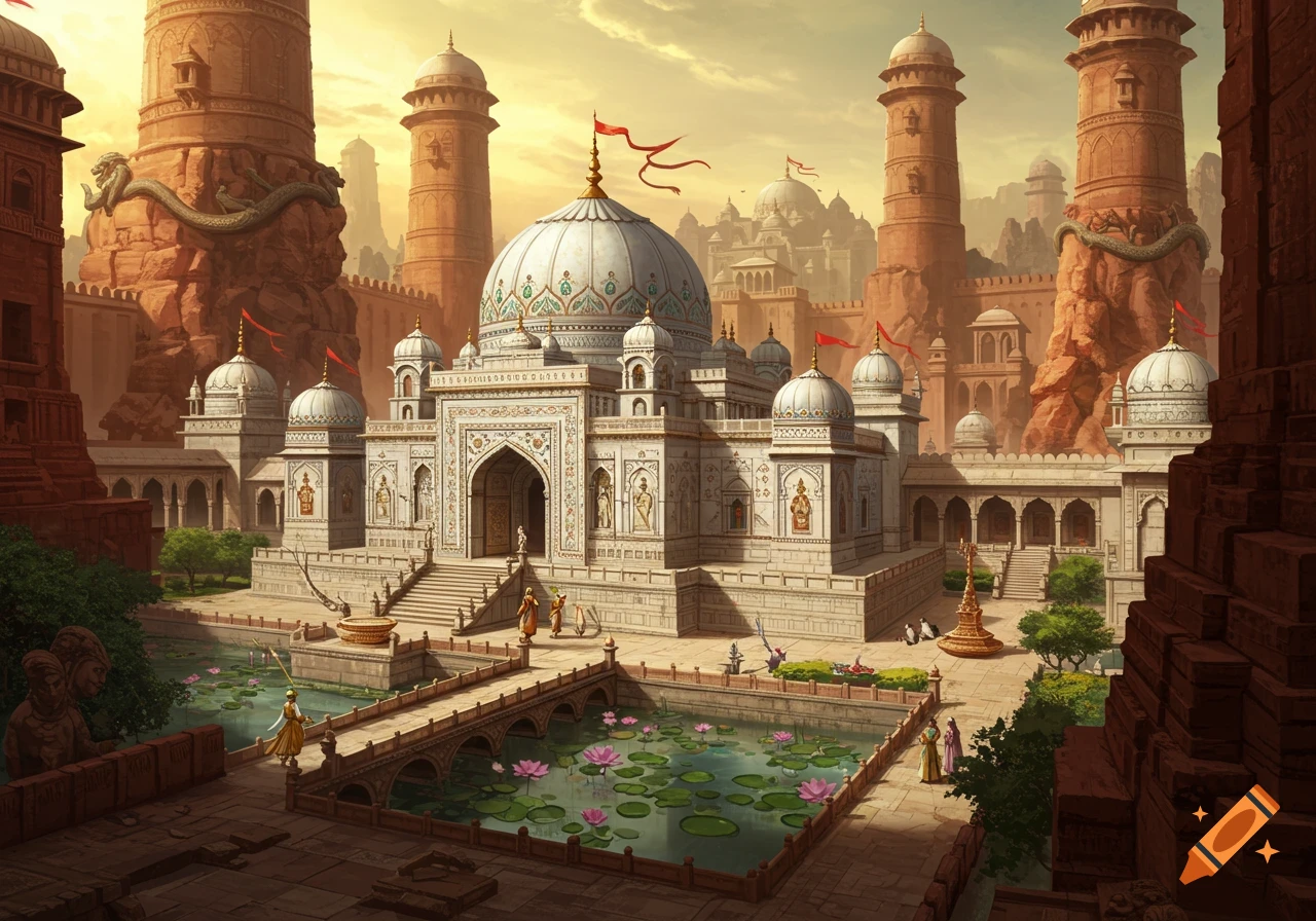 A vast temple complex with white marble domes, minarets, and rugged ...