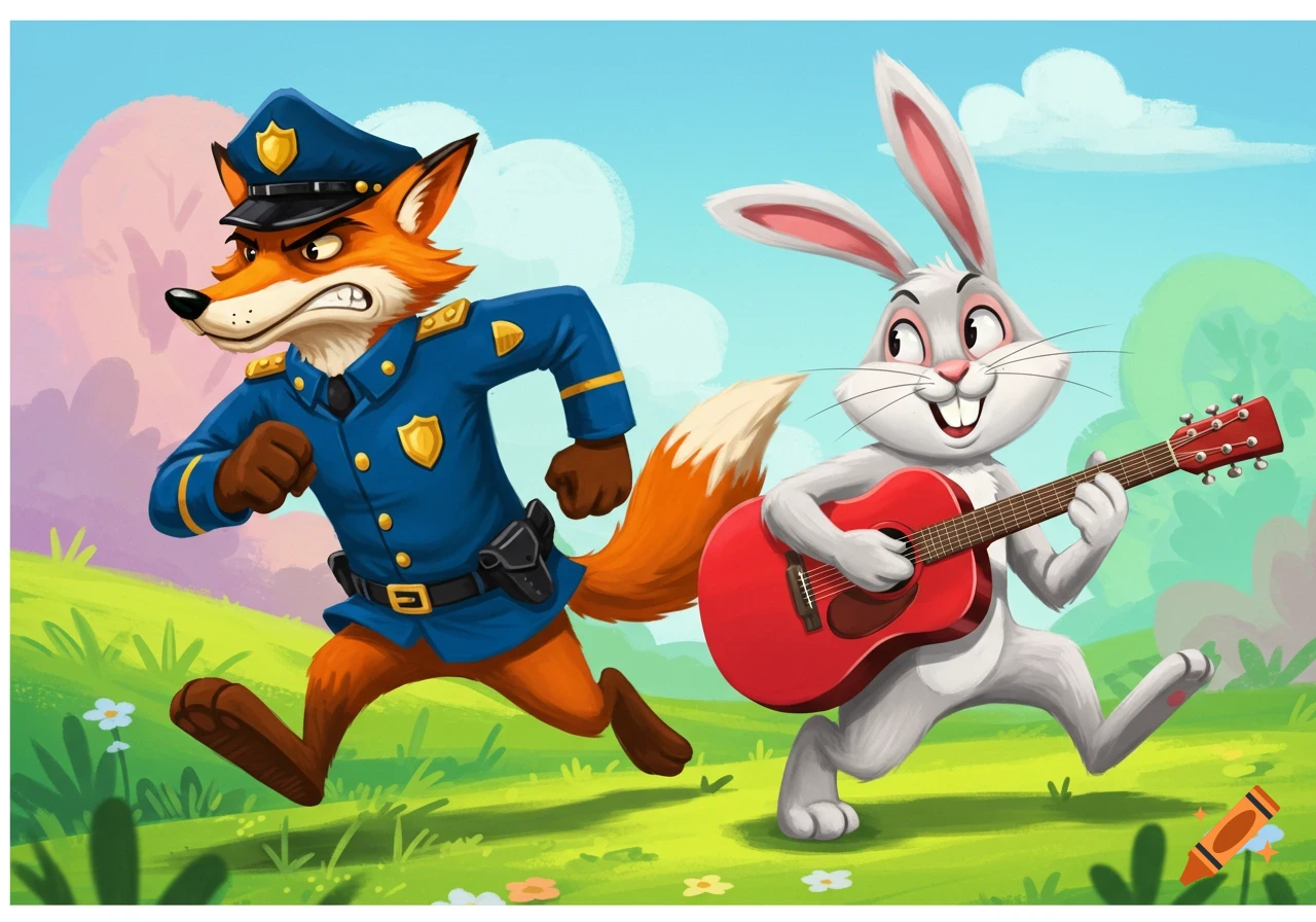 Cartoon fox police officer chasing a rabbit playing a red guitar across ...