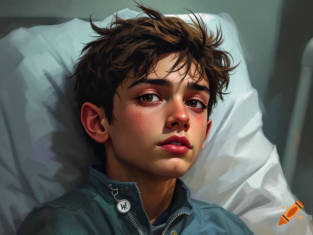 Digital painting of a young boy with messy brown hair and red marks on ...