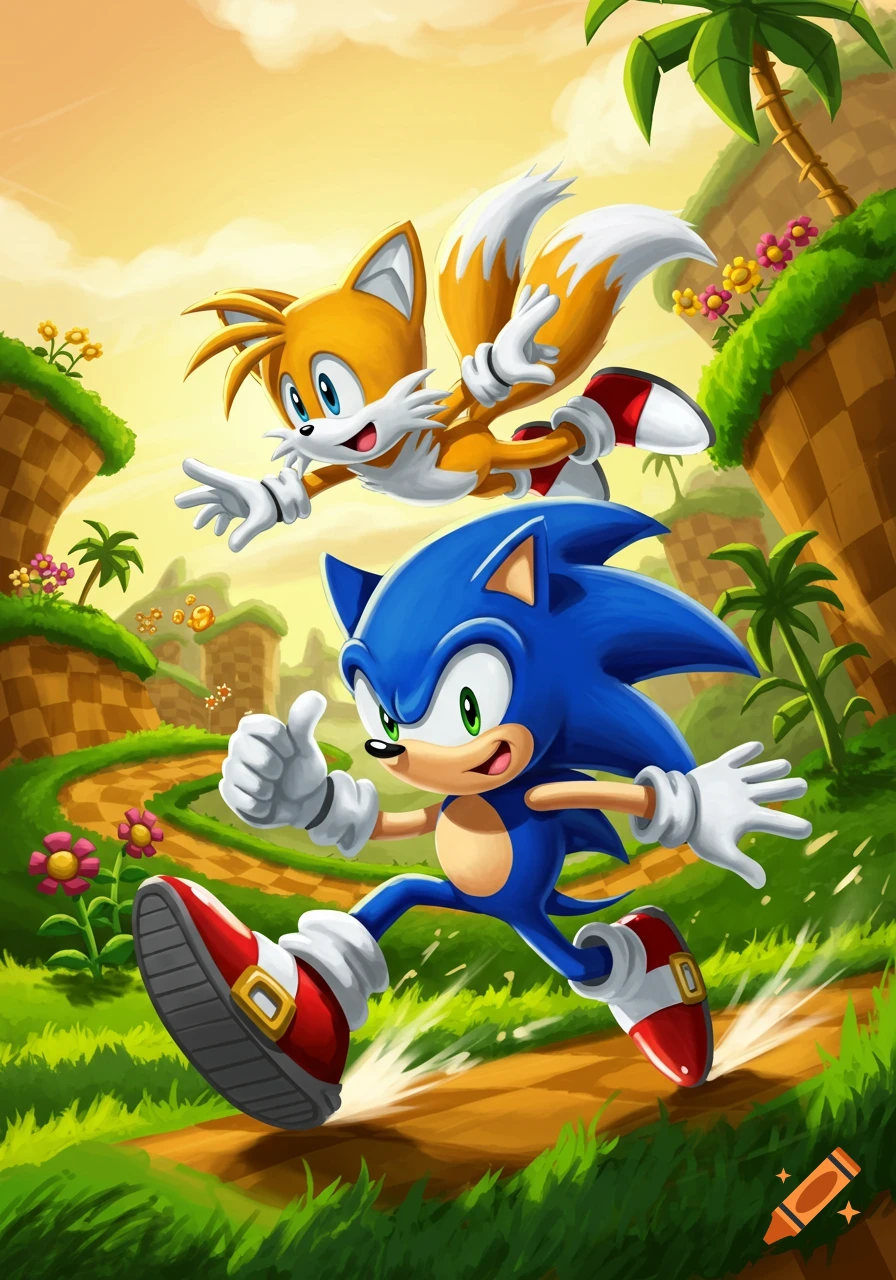 Sonic the Hedgehog and Tails run through a vibrant, stylized landscape ...