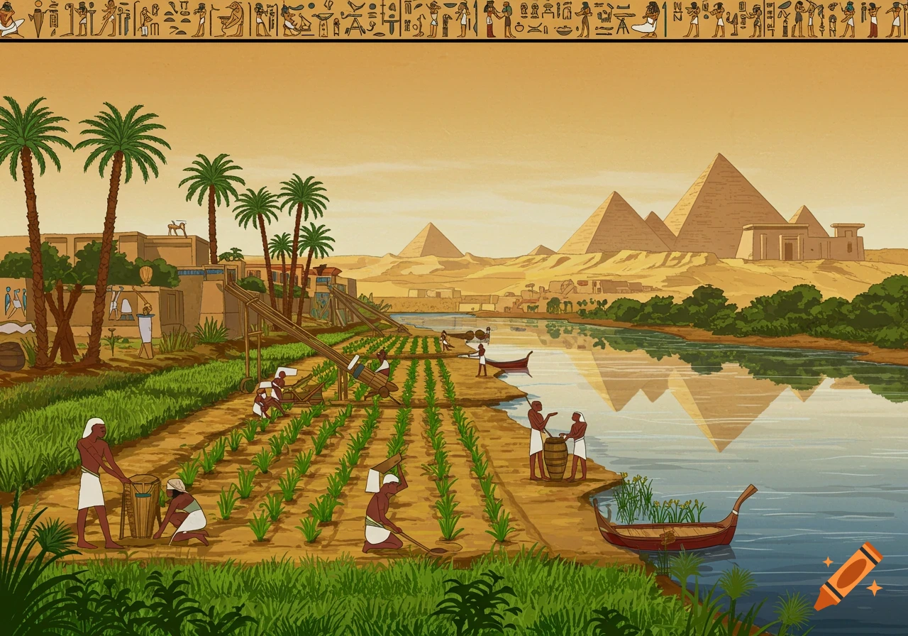 An illustration of ancient Egypt showing people farming by the Nile ...