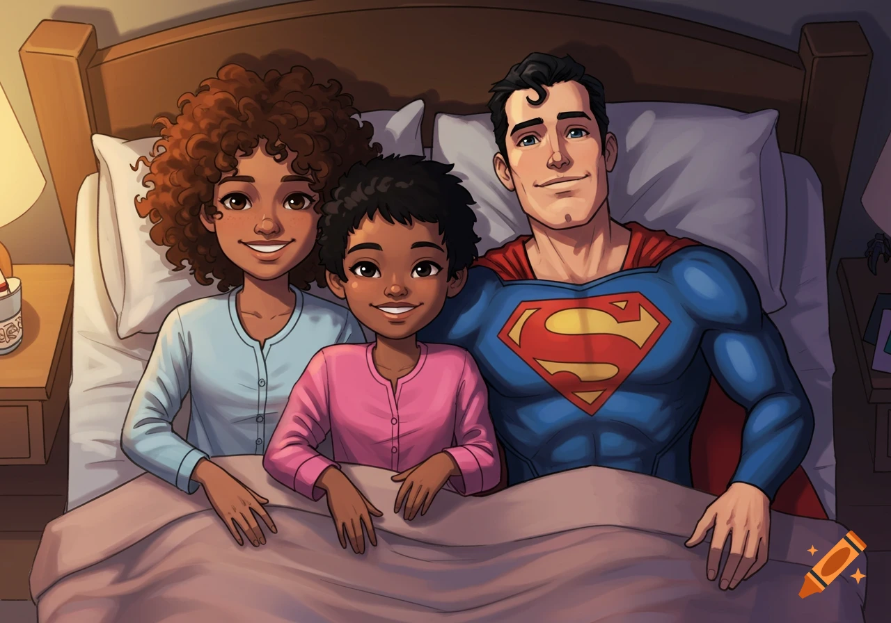 Superman, an adult woman, and a child smile while lying together in a ...