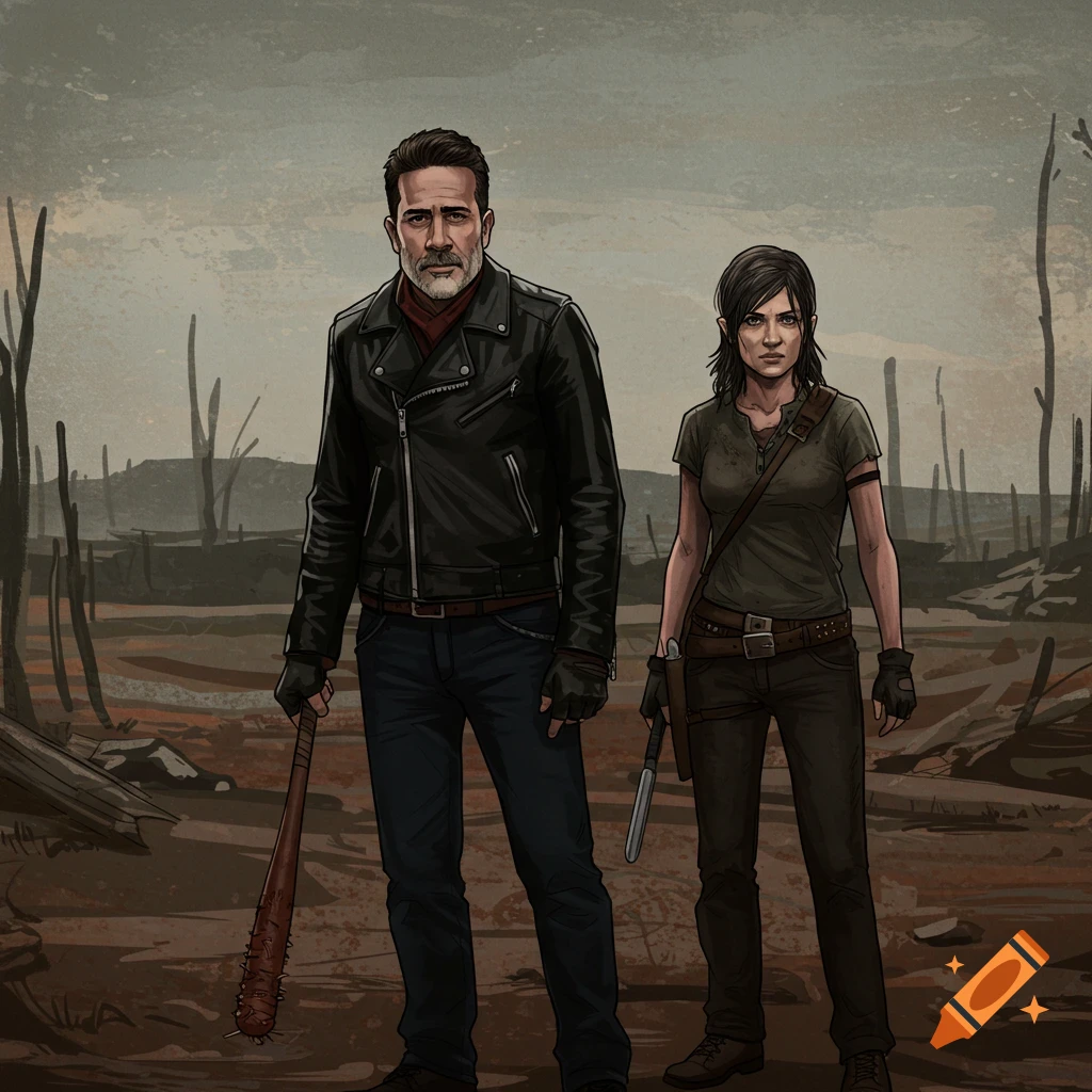Negan with a spiked bat and Maggie stand in a post-apocalyptic ...