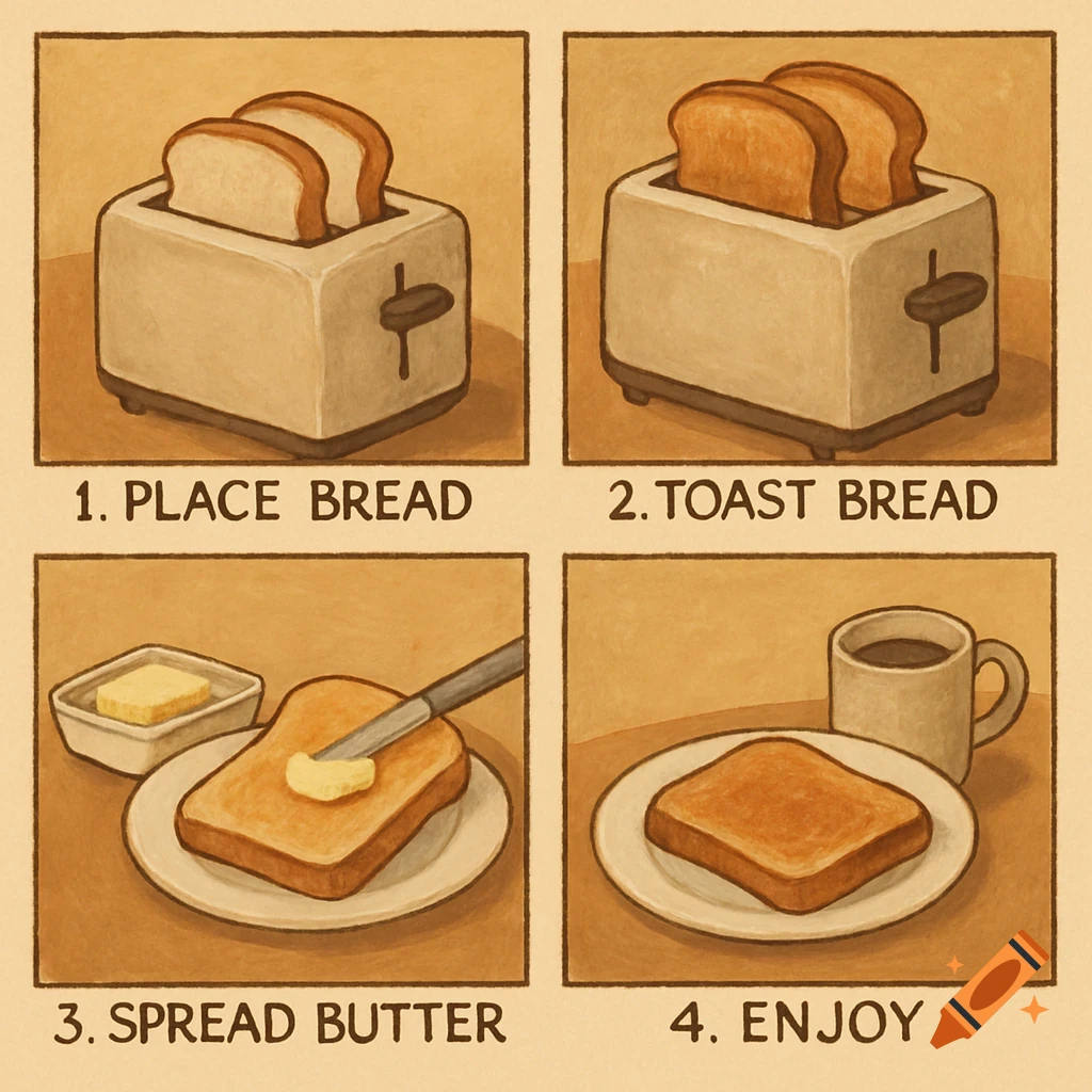 A four-panel illustrated guide shows steps to make toast: place bread ...