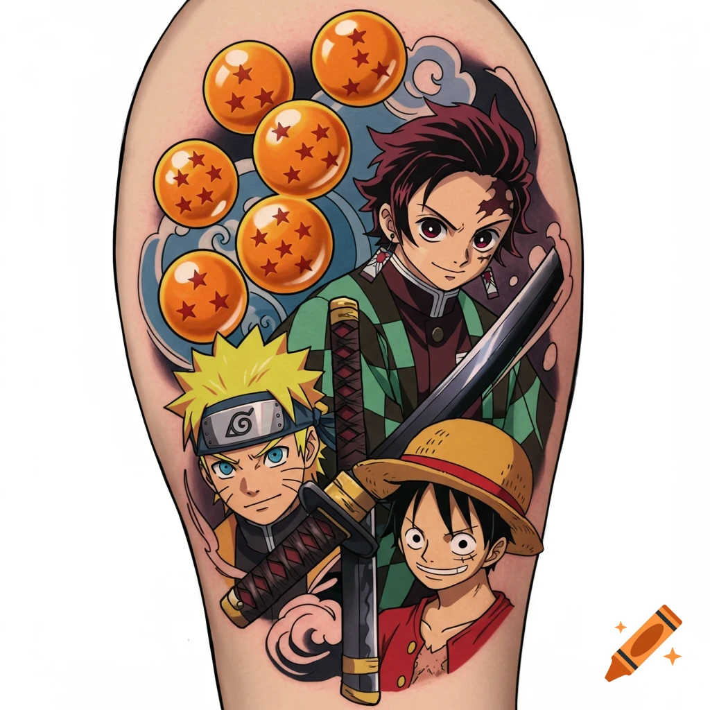 Full-color anime tattoo on skin featuring Naruto, Tanjiro, and Luffy ...