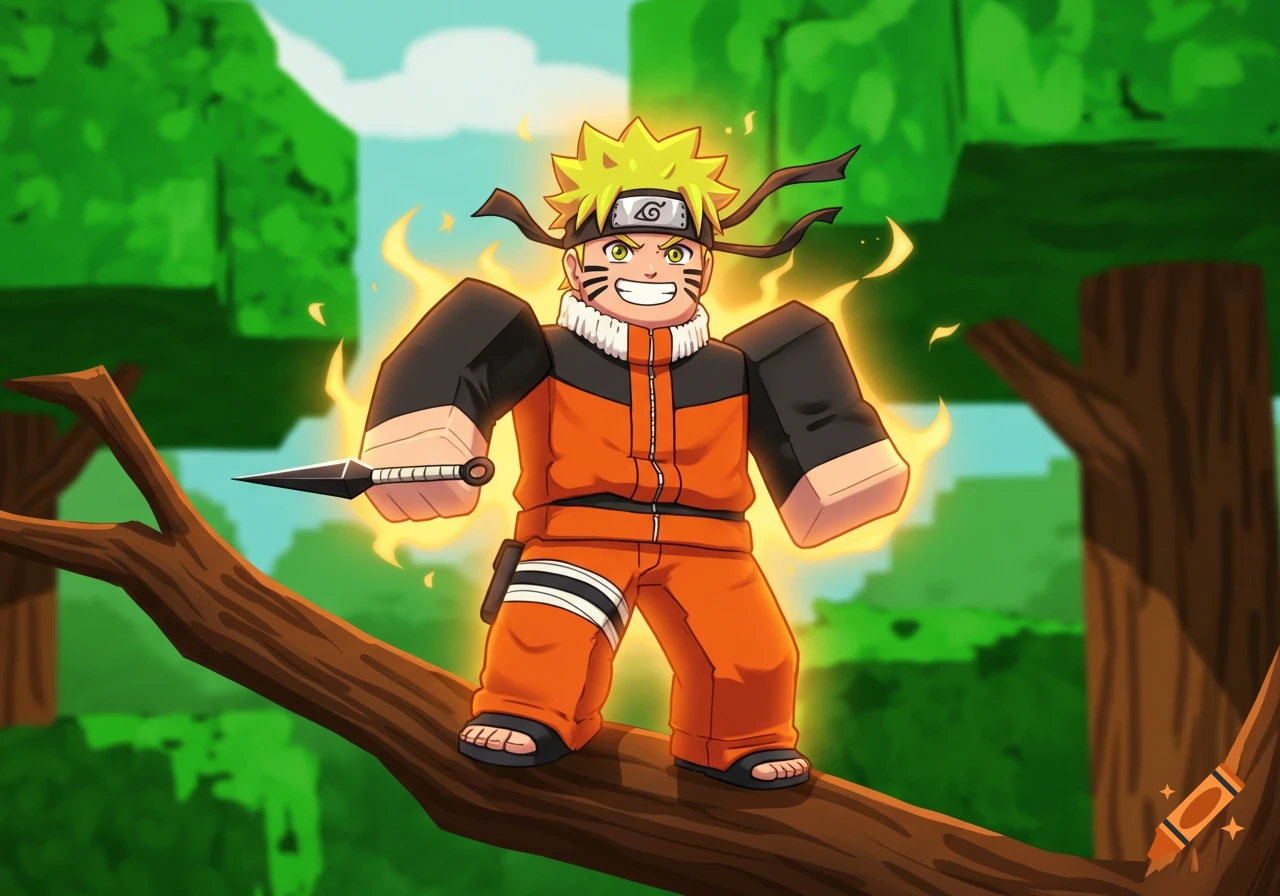 Roblox-style Naruto stands on a tree branch, glowing with orange energy ...