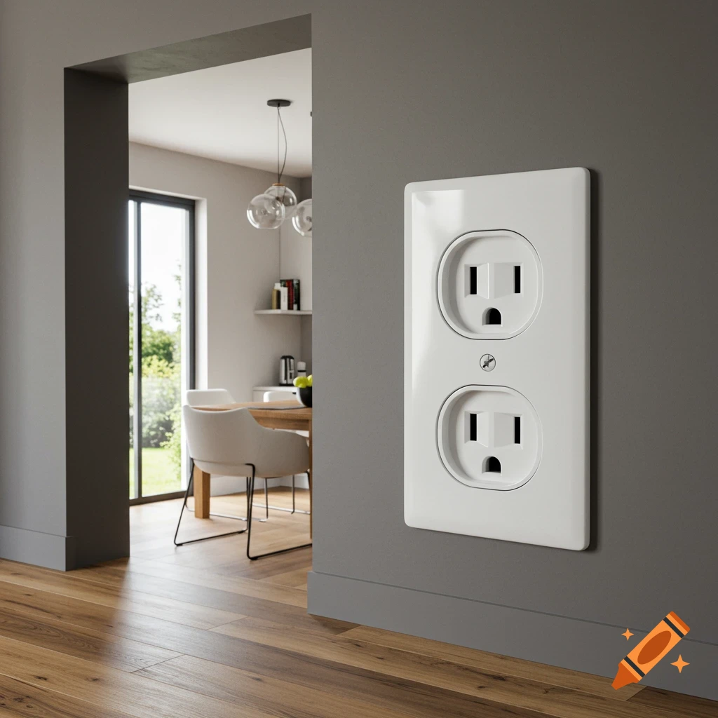 A close-up of a white electrical outlet on a grey wall in a modern ...