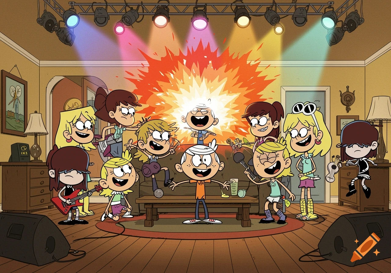 Characters from The Loud House perform as a band on a stage indoors ...