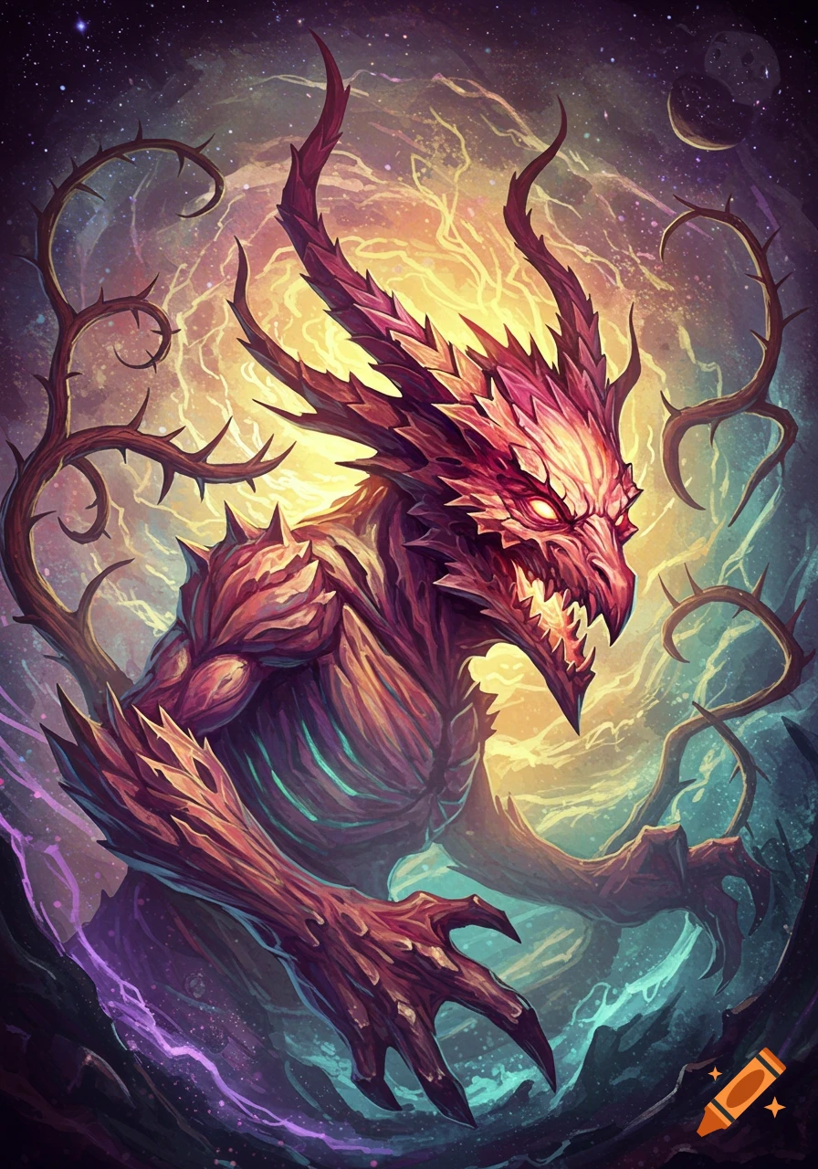 A fierce, spiky, red-scaled dragon-like creature with glowing eyes in a ...