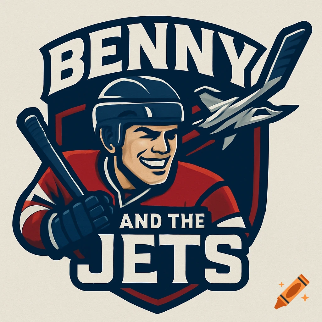 A shield-shaped hockey logo with a player, a jet plane, and the text 'BENNY AND THE JETS'. on ...