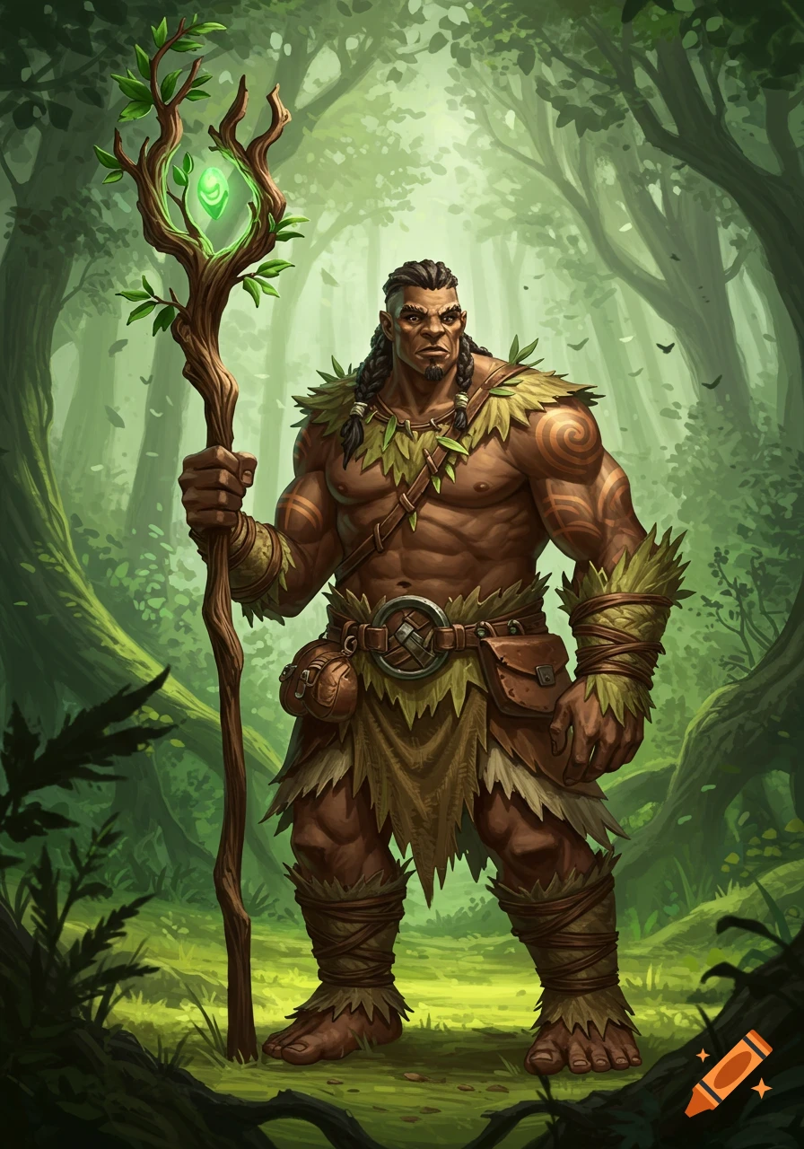 A muscular male fantasy character in leaf armor holding a glowing staff ...