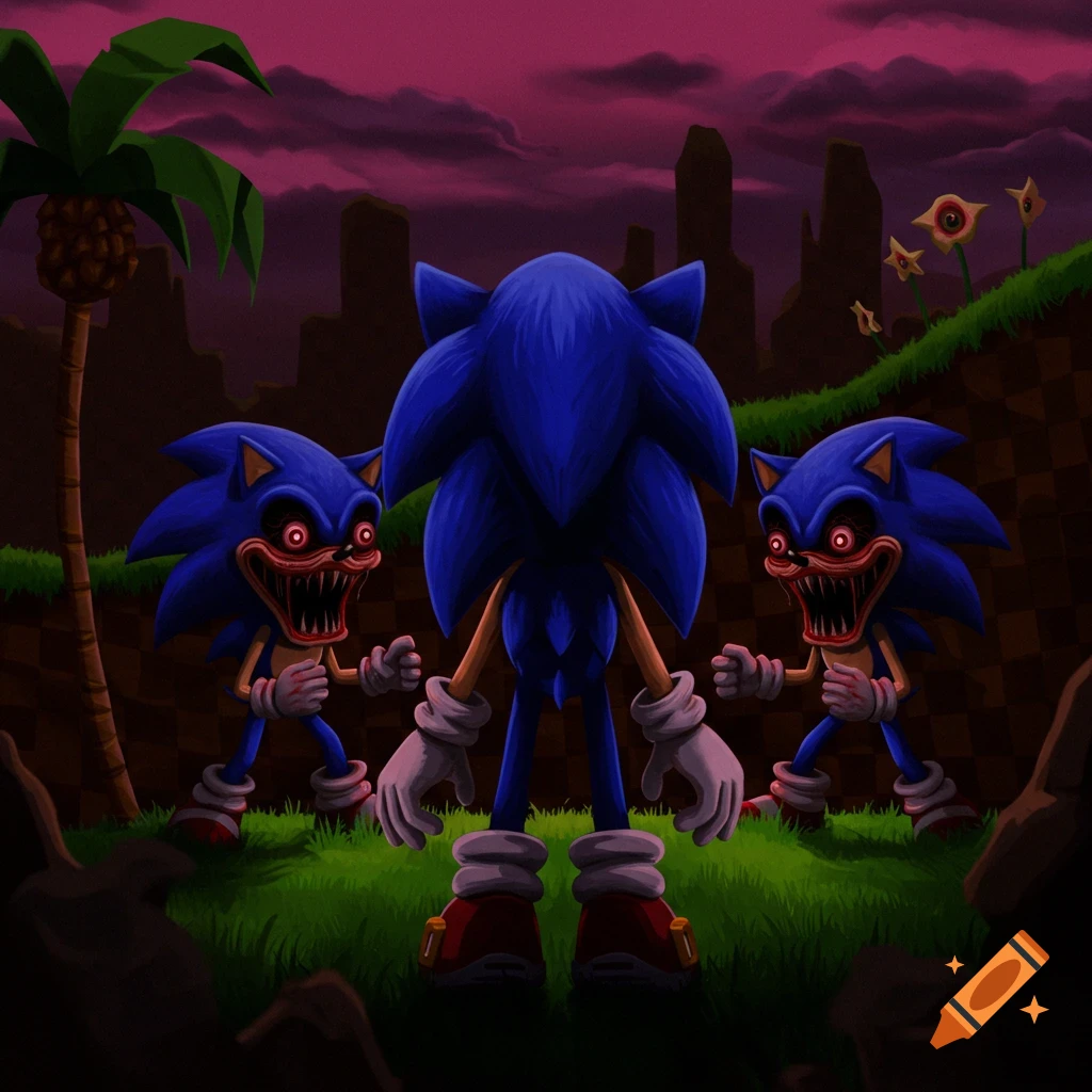 A dark image of three Sonic figures, one from behind and two in front ...