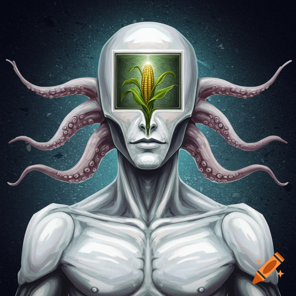 A surreal, grey alien-like figure with tentacles emerging from its head, and a glowing cornstalk ...