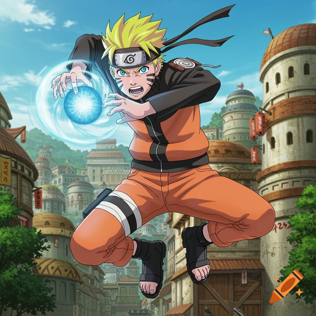 Anime character Naruto in an action pose, jumping and forming a blue ...