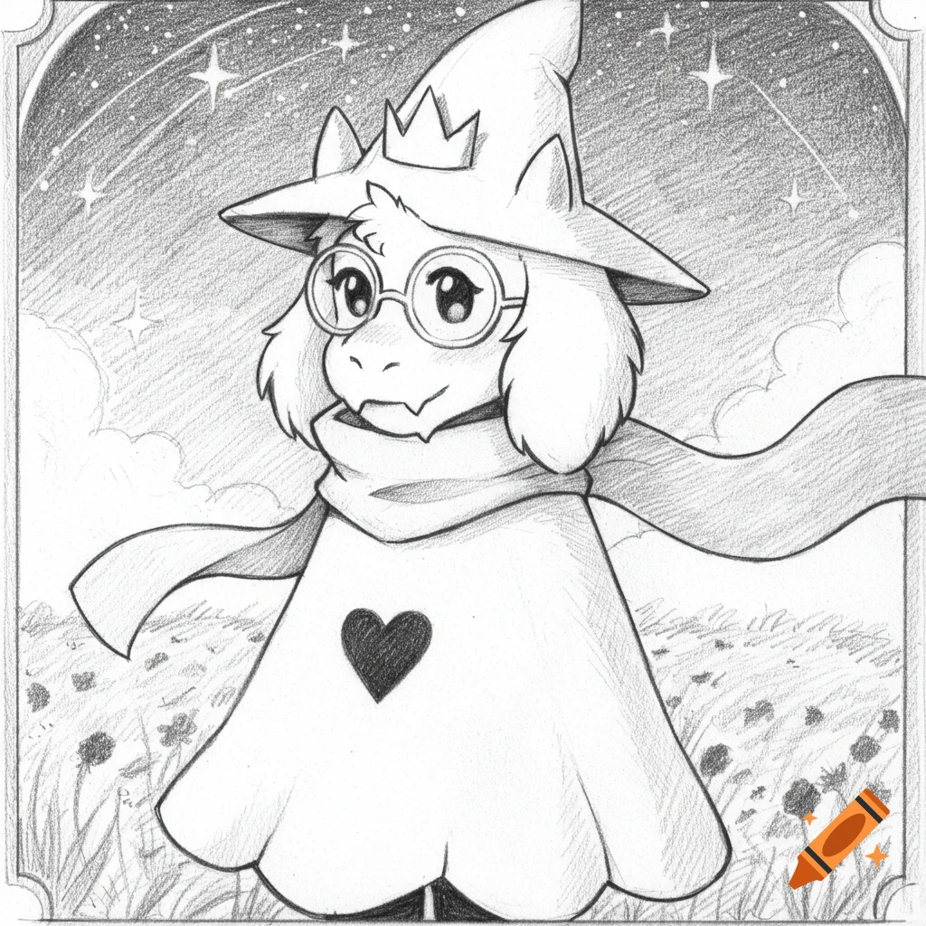 Pencil drawing of Ralsei from Deltarune, a white goat-like character in ...