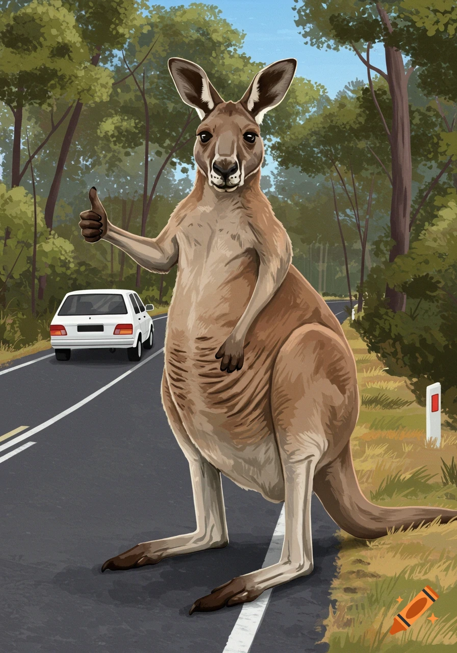 An illustrated kangaroo stands on a road's side, thumb out for hitch ...