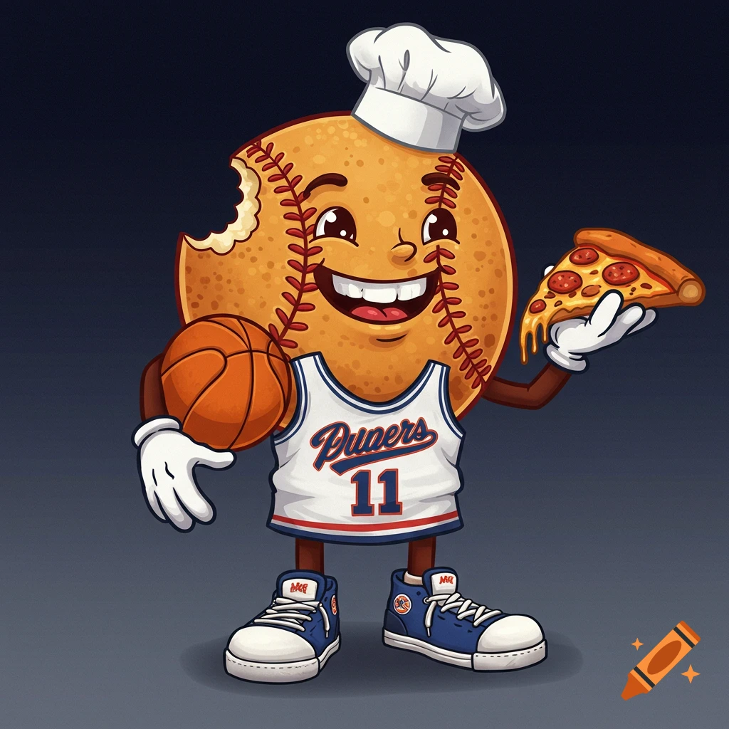 A cartoon baseball character with a bite taken out, wearing a chef's ...