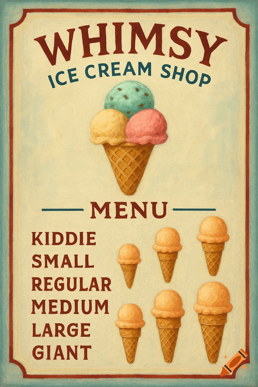A vintage-style ice cream shop menu board featuring "WHIMSY ICE CREAM ...
