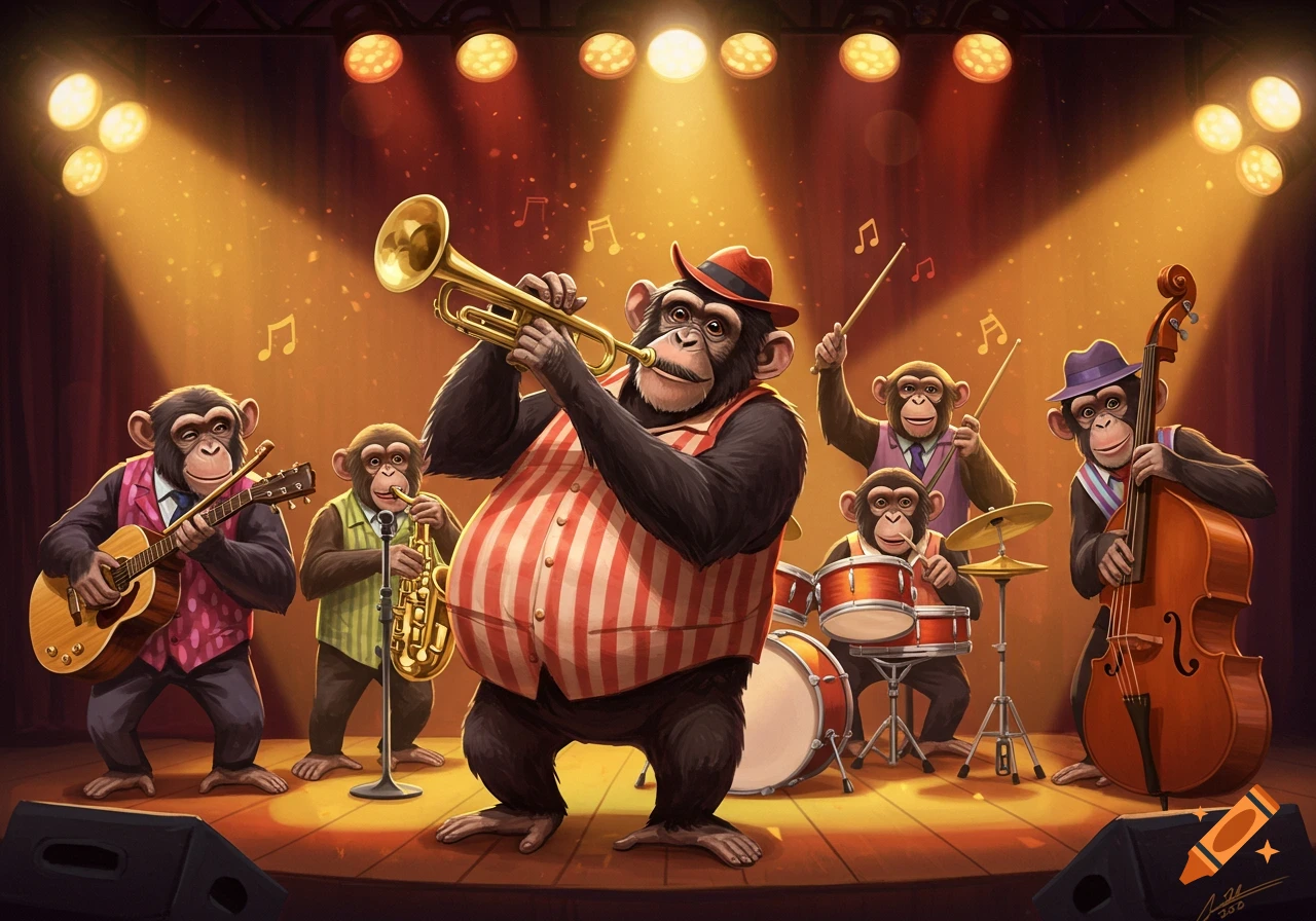 Vibrant cartoon illustration of a chimpanzee swing band performing on a ...