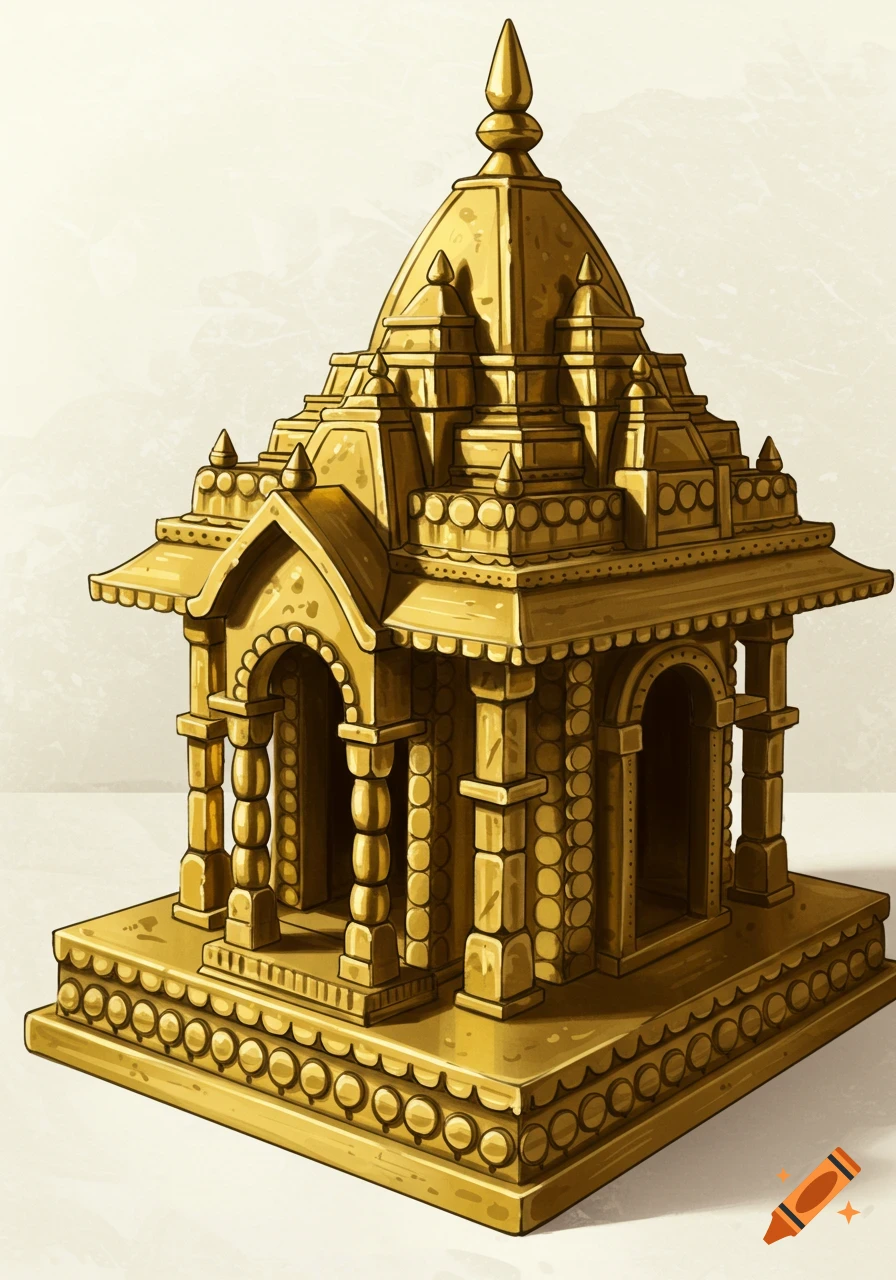 A detailed golden brass miniature temple with multiple tiers, a pointed ...
