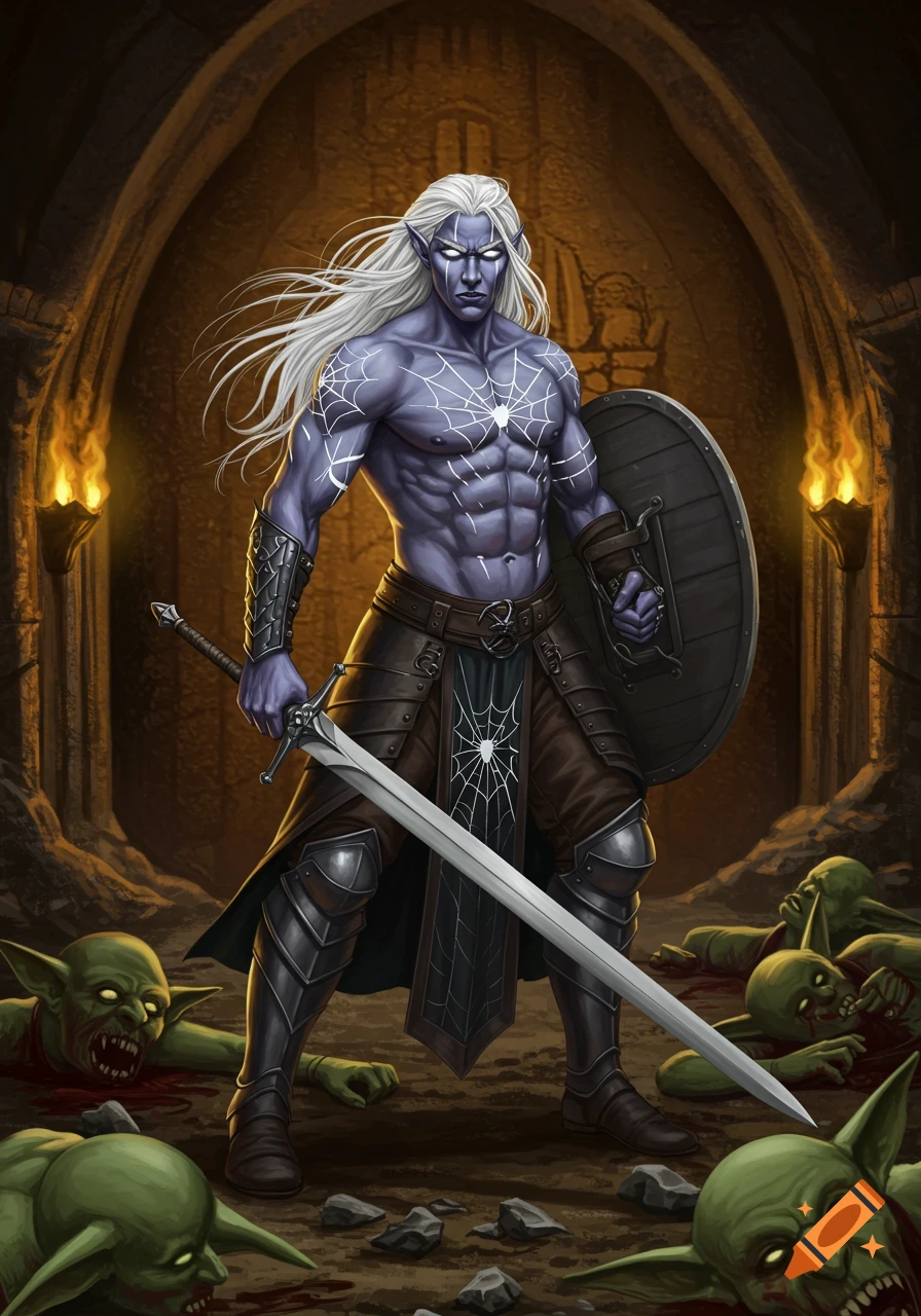 A muscular drow warrior with white hair, glowing eyes, and spider web ...