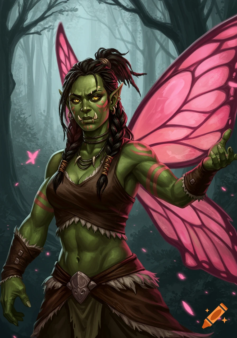 A fierce green-skinned orc woman with large pink butterfly wings and ...