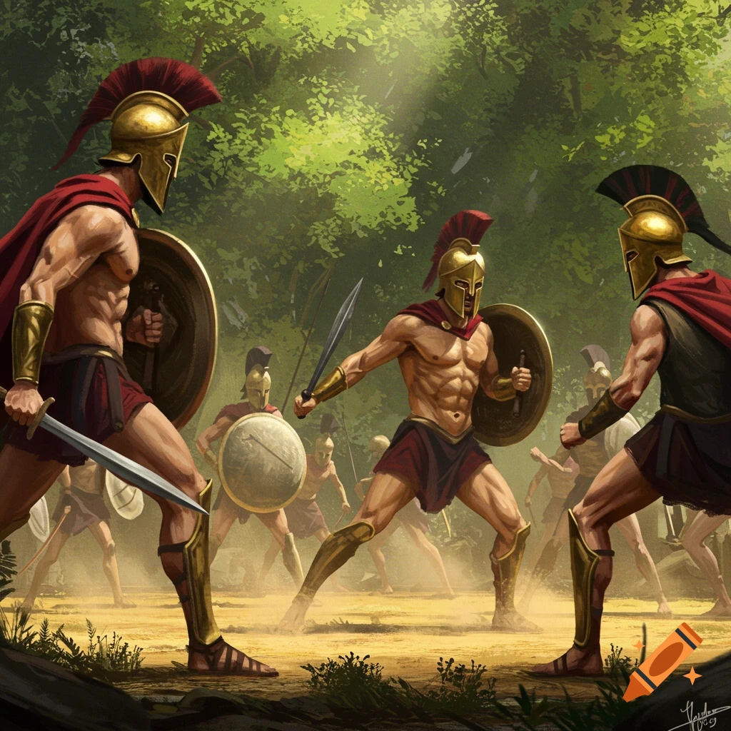 Muscular Spartan warriors with swords and shields in a sunlit forest clearing, in a detailed ...