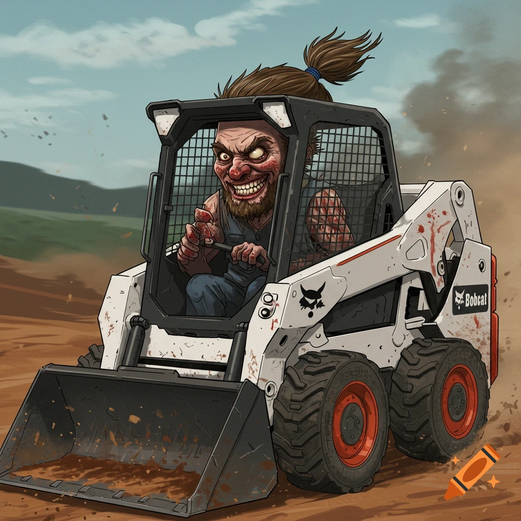 A monstrous, bearded man with a ponytail drives a white Bobcat skid ...