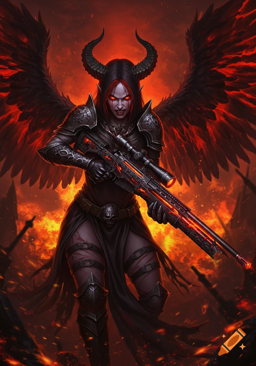 A fierce hellish angel with horns, black wings, and glowing red eyes ...