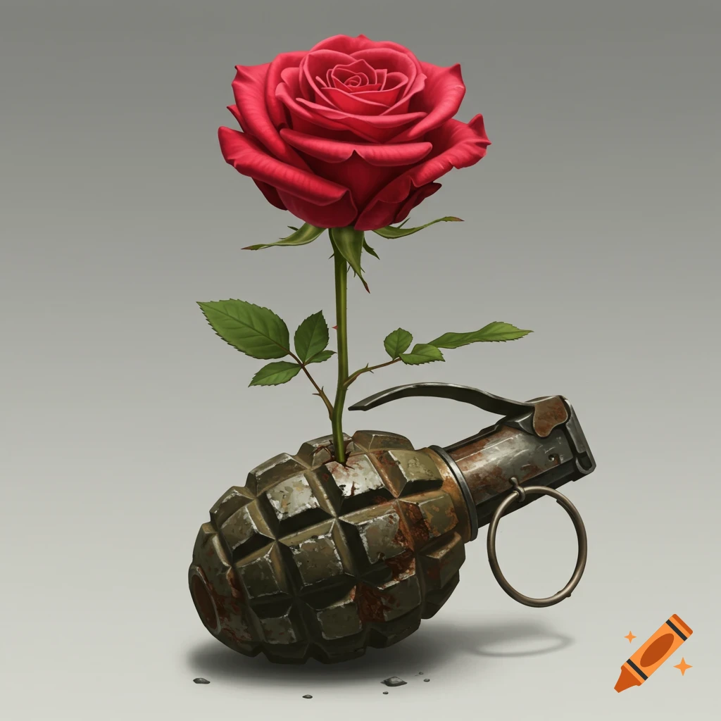 A vibrant red rose with green leaves grows from a rusty military ...