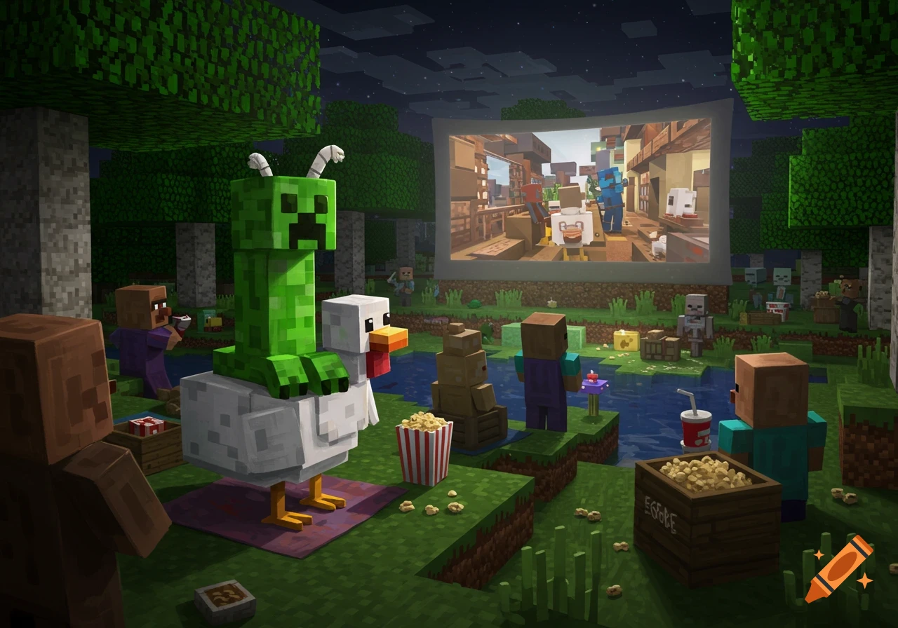 Minecraft creeper riding a chicken, watching an outdoor movie with ...